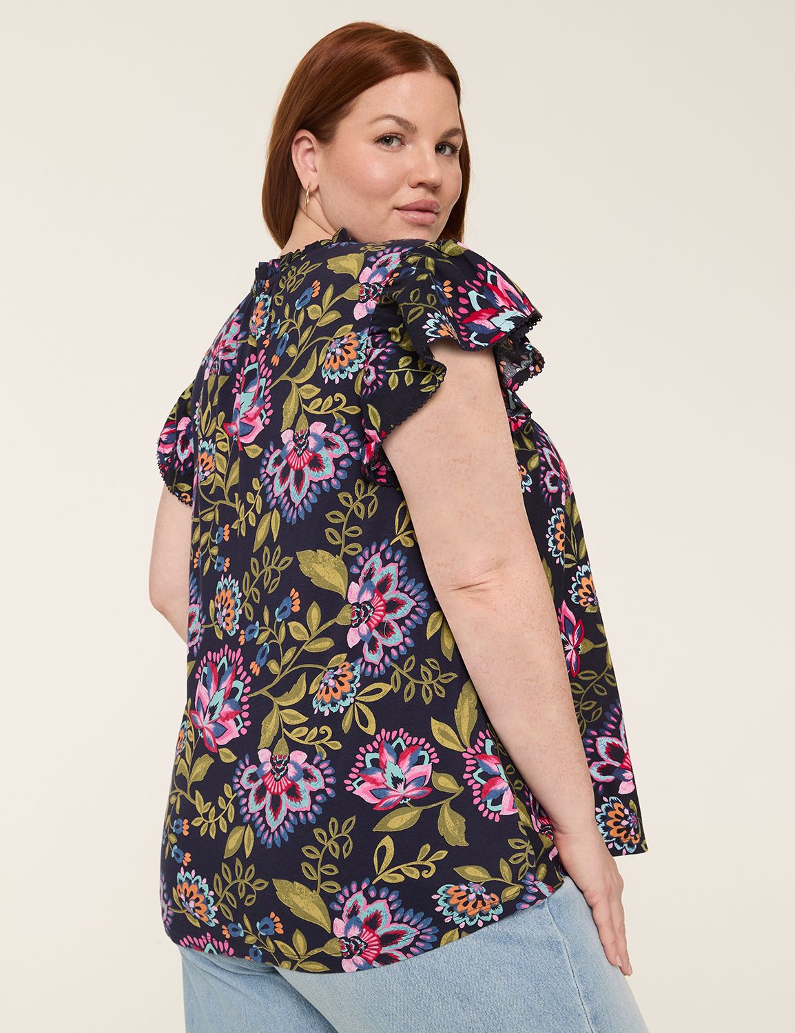 Ruffle Short Sleeve Crew Neck Yoke | LaneBryant