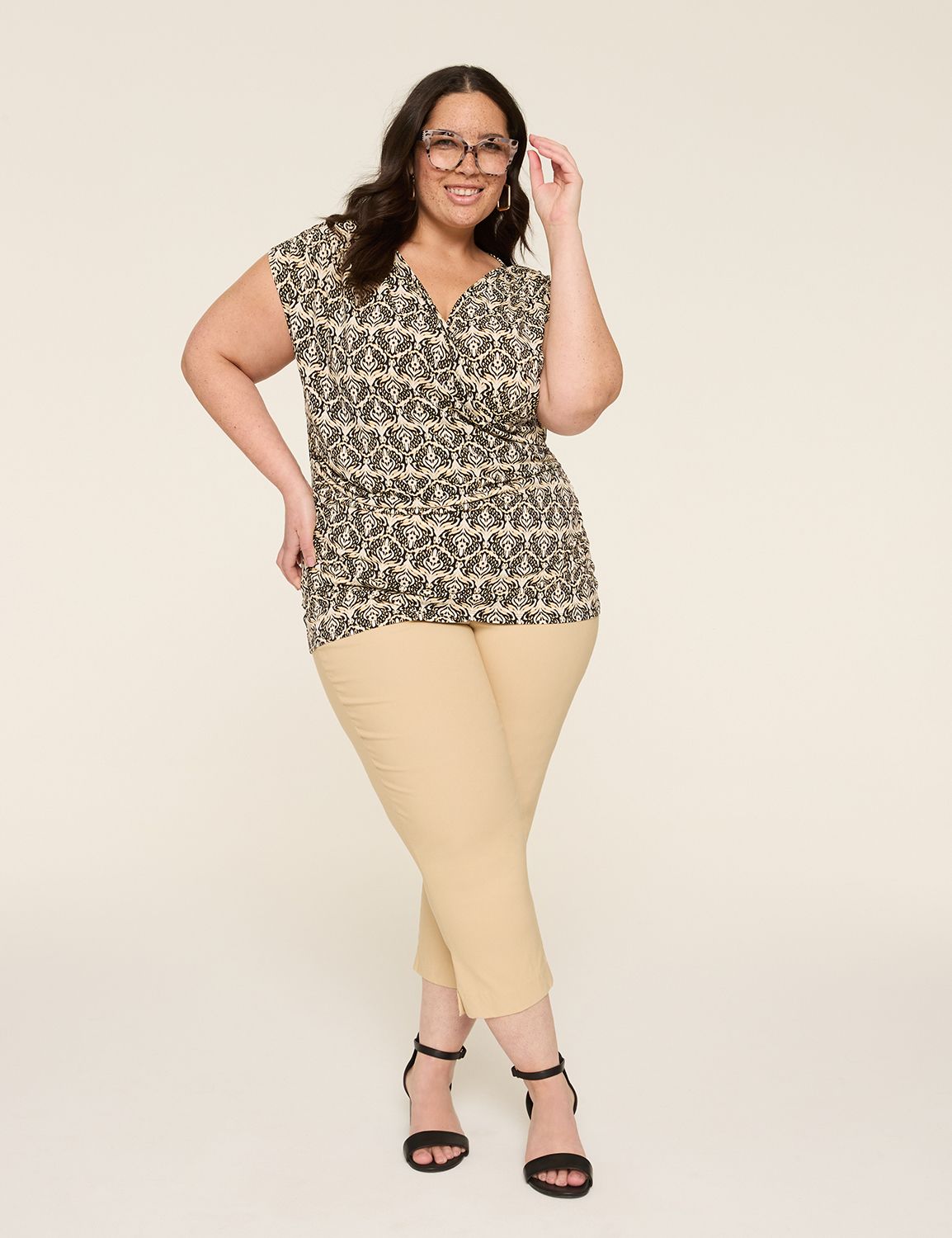 Sleeveless V Neck Wrap Mesh Top S 1 | LaneBryant