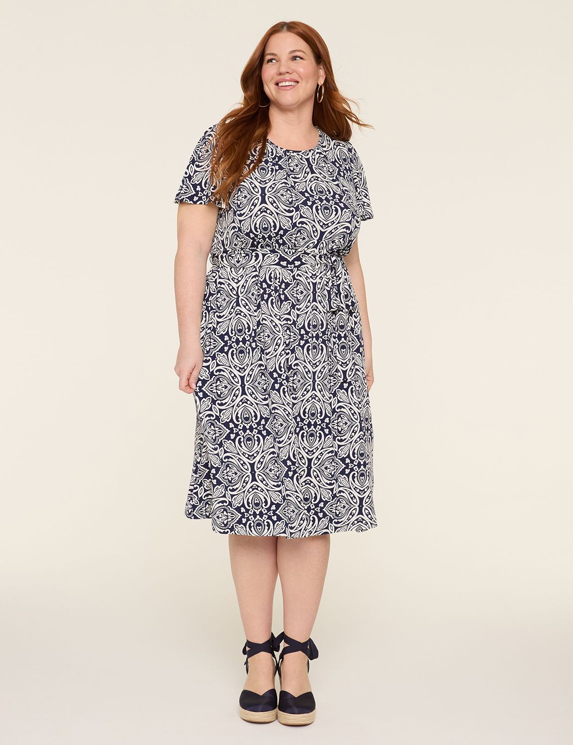 SHORT FLUTTER SLEEVE CREWNK TIE WAI | LaneBryant