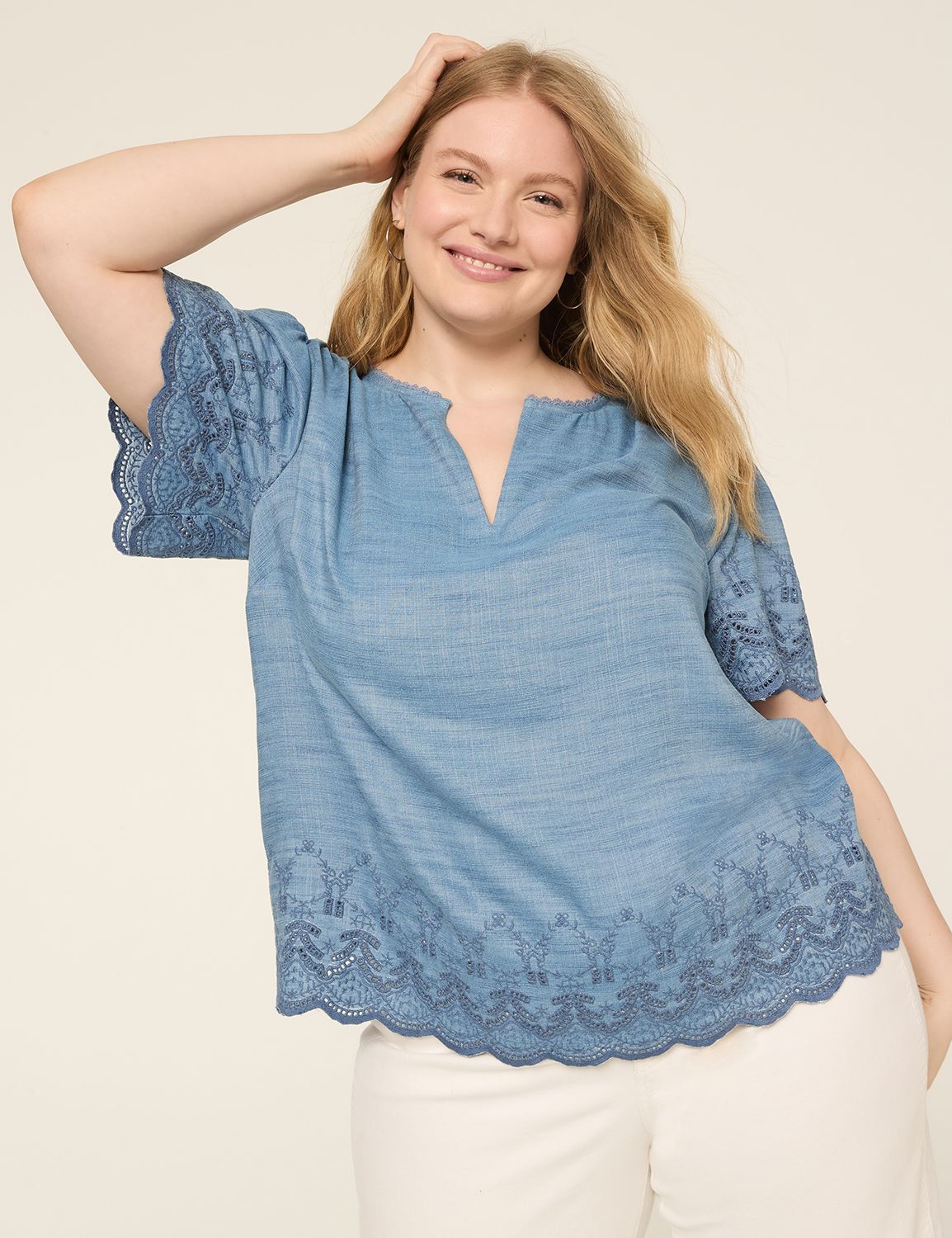 Classic SS Notch Neck Embroidered P | LaneBryant