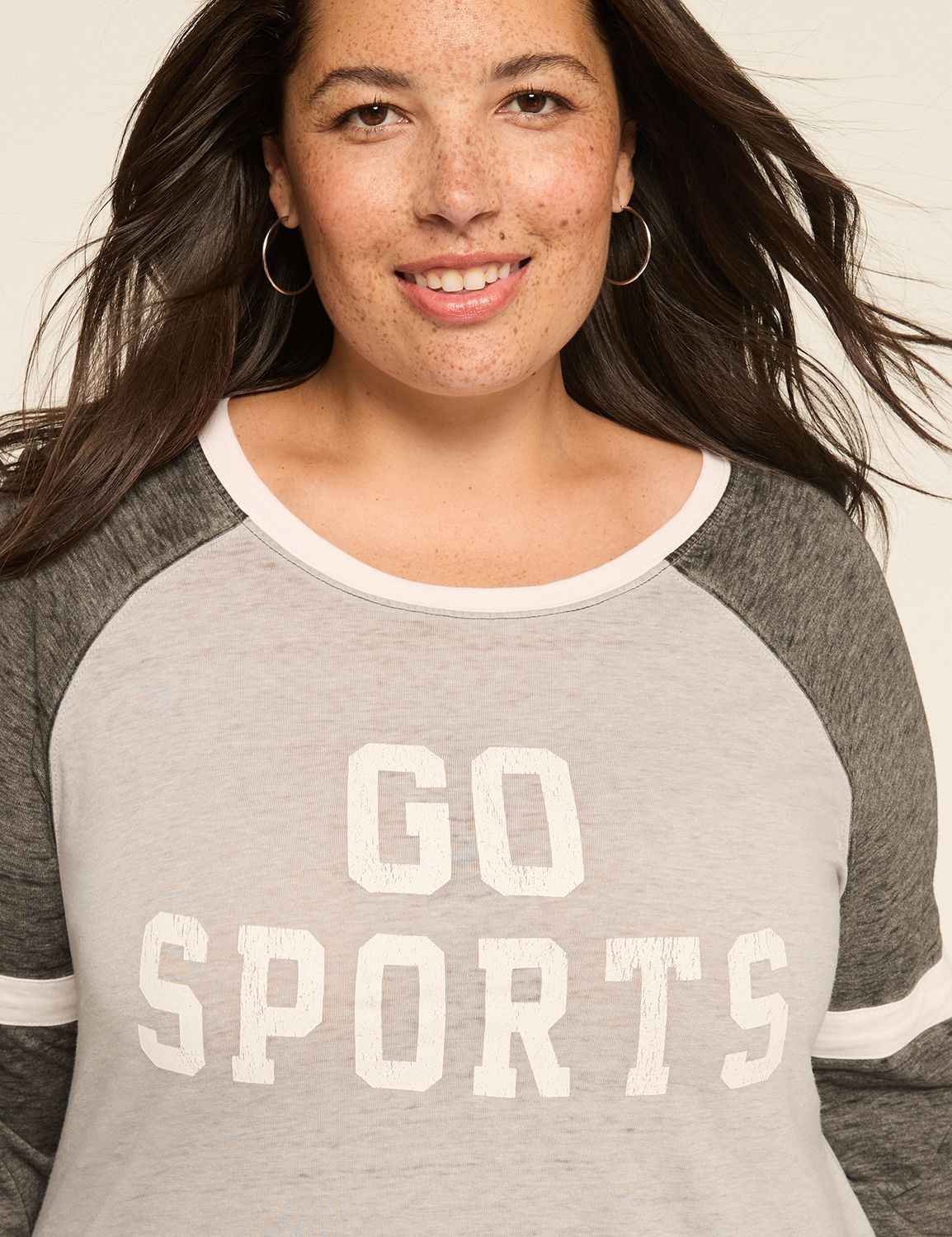 3/4 Sleeve Raglan Crew Neck Top Gra | LaneBryant