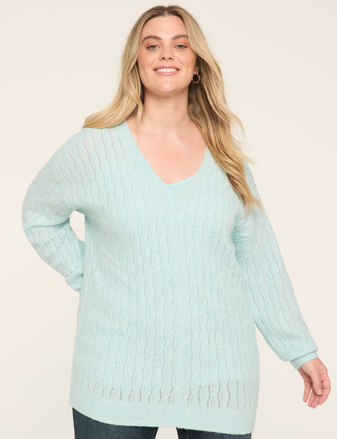 Classic Long Sleeve V-neck Cable Pu | LaneBryant