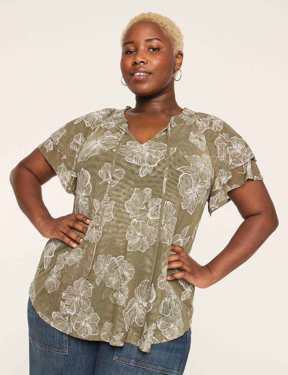 Mesh Short Sleeve Smocked Zen Neck | LaneBryant
