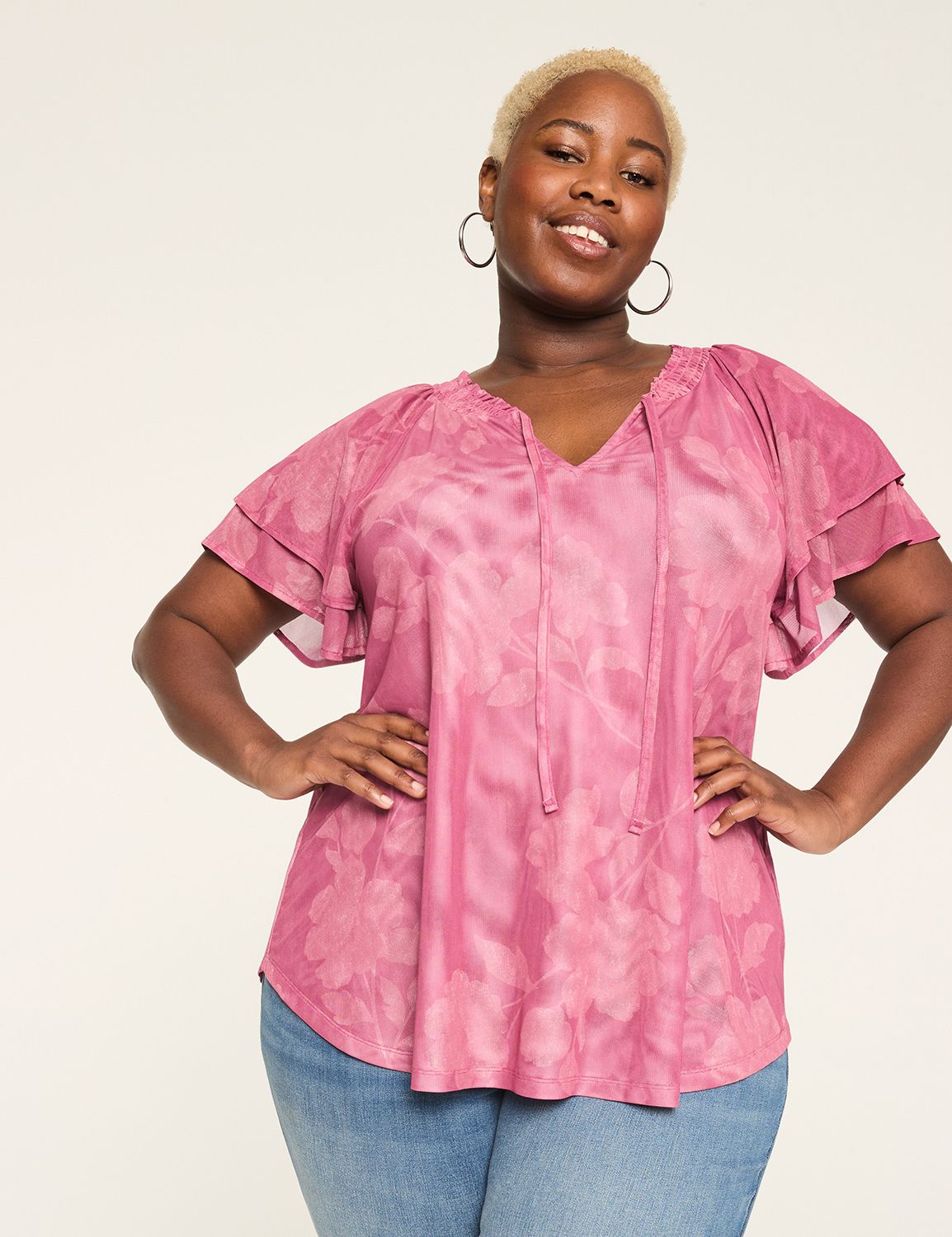 Mesh Short Sleeve Smocked Zen Neck | LaneBryant