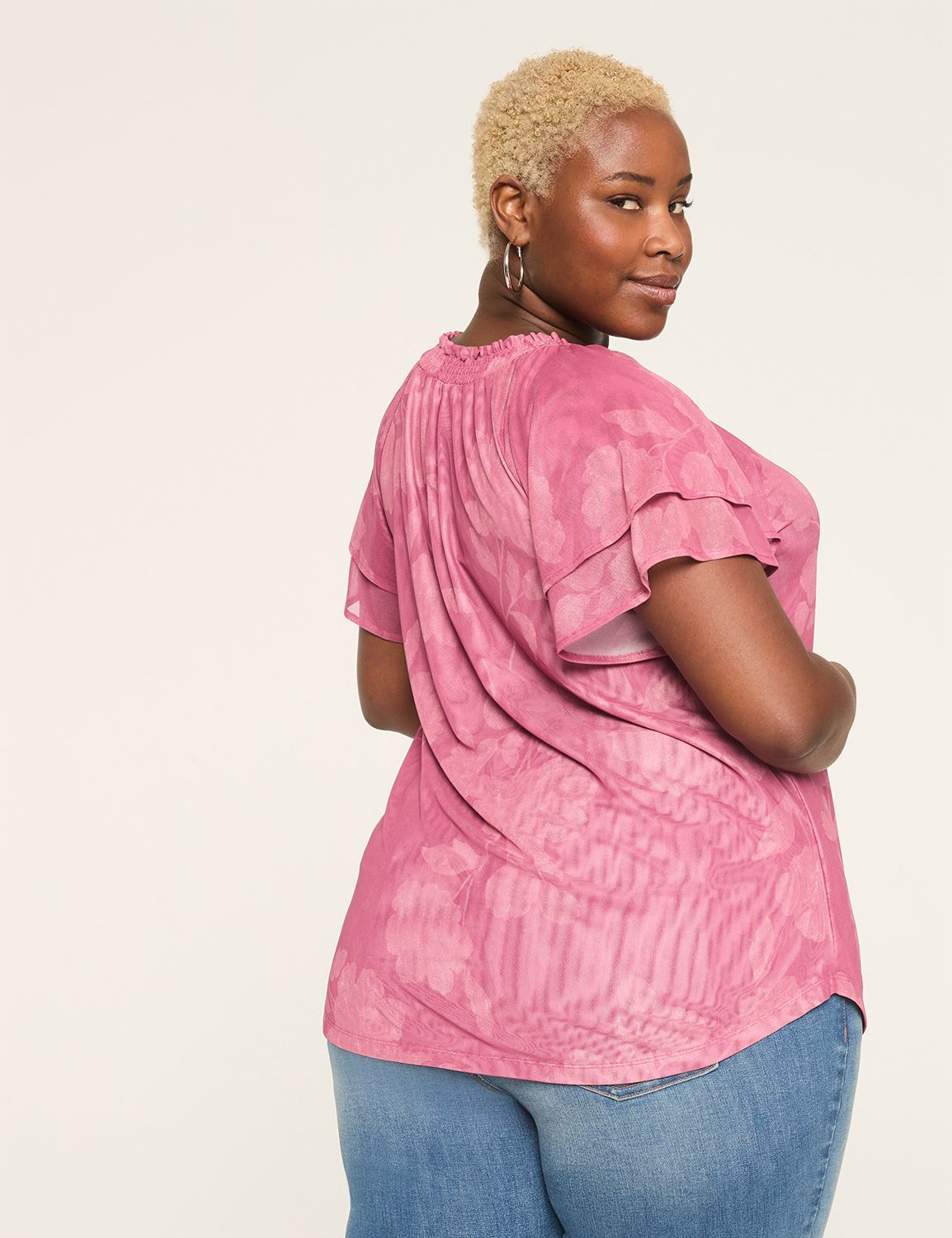 Mesh Short Sleeve Smocked Zen Neck | LaneBryant