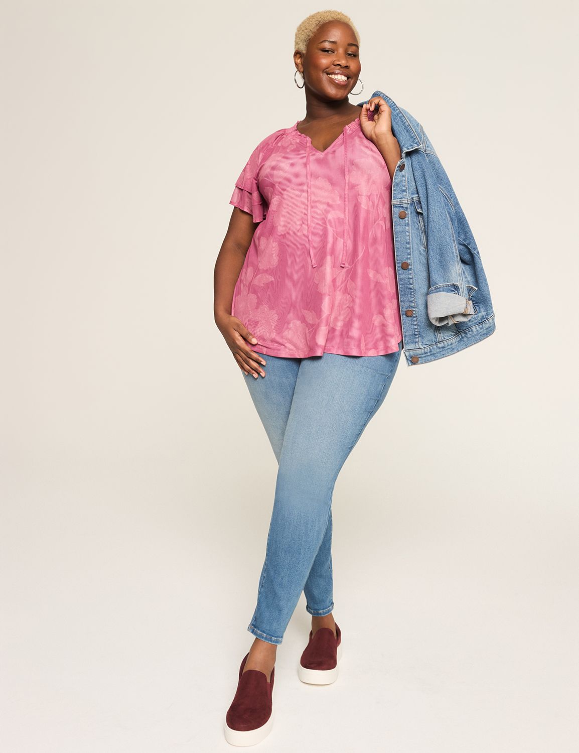 Mesh Short Sleeve Smocked Zen Neck | LaneBryant