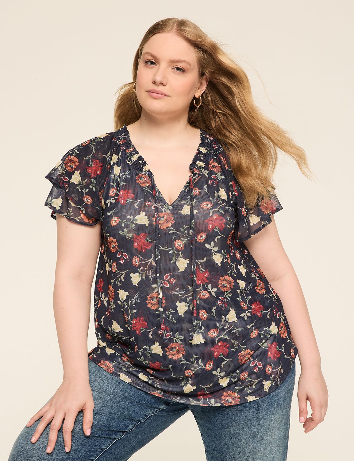 Mesh Short Sleeve Smocked Zen Neck | LaneBryant
