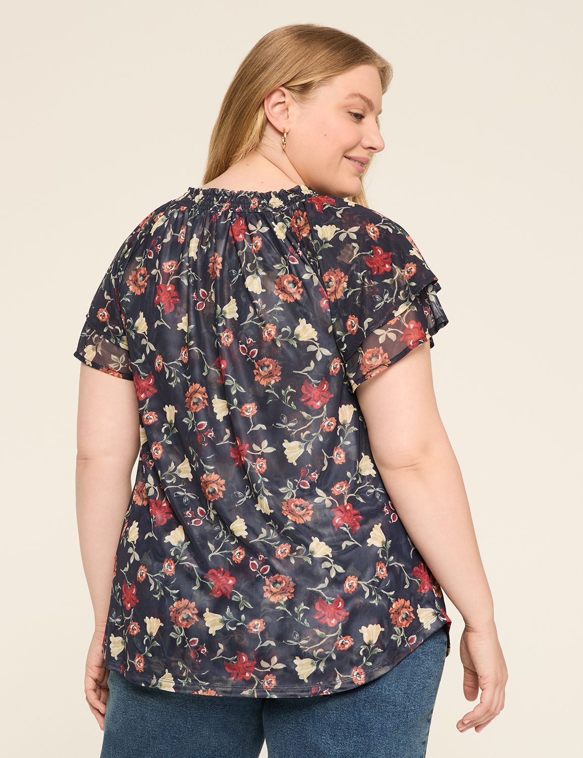 Mesh Short Sleeve Smocked Zen Neck | LaneBryant