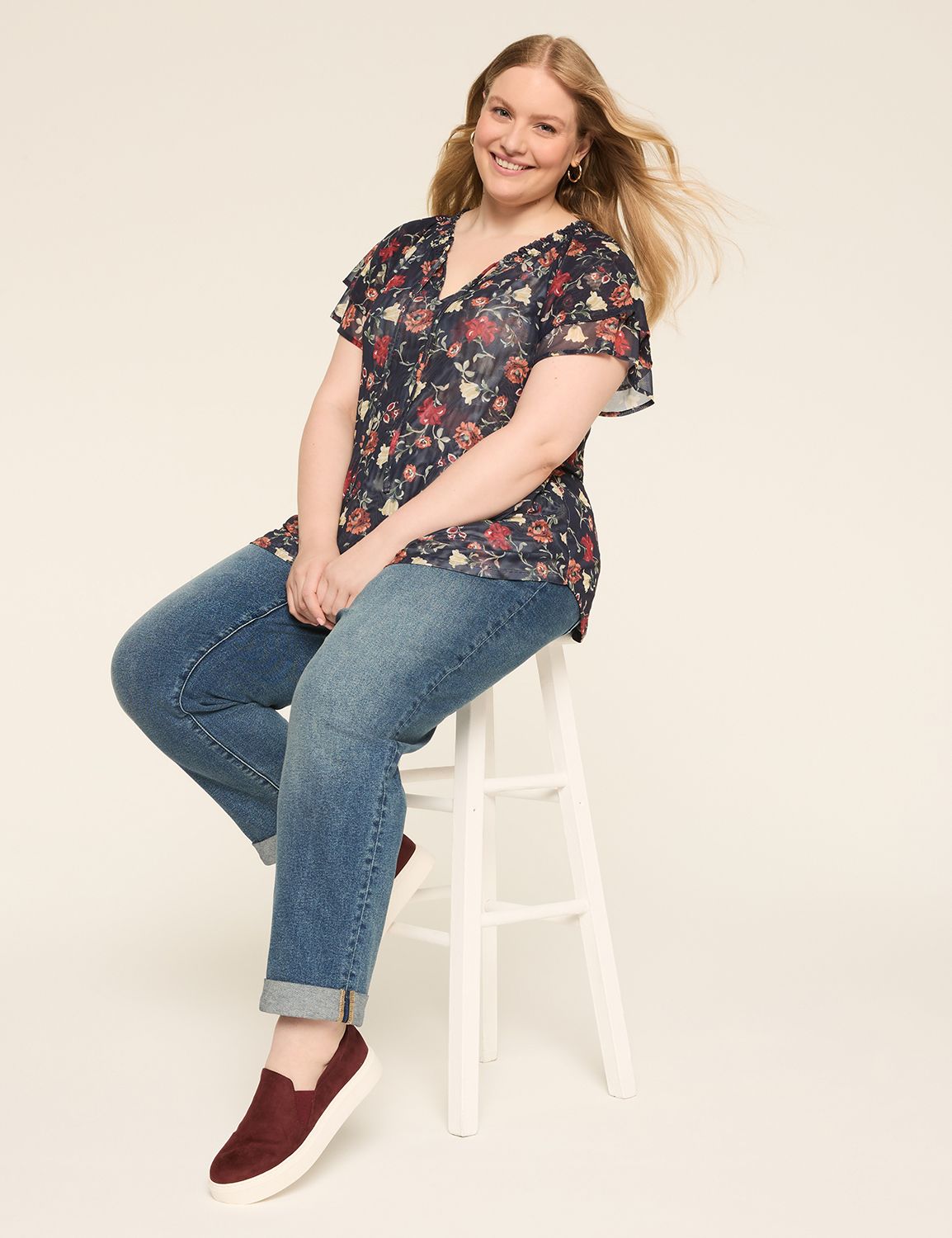 Mesh Short Sleeve Smocked Zen Neck | LaneBryant