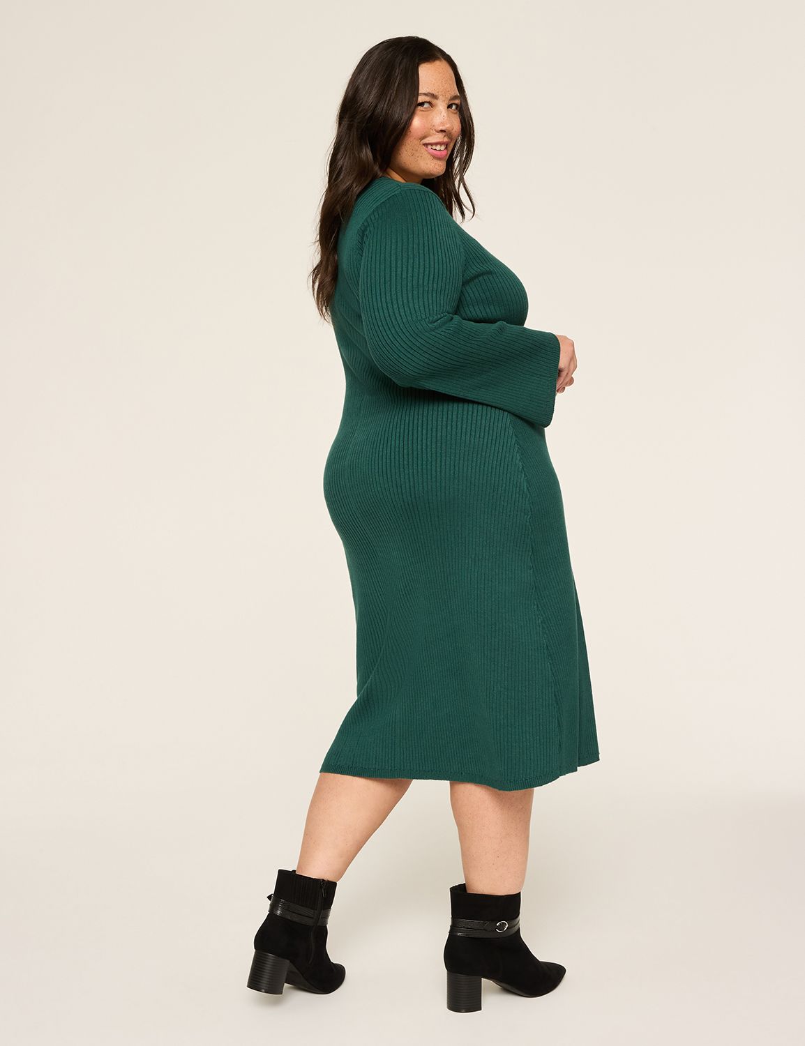 BELL SLEEVE SPLIT NECK RIB SWEATER | LaneBryant