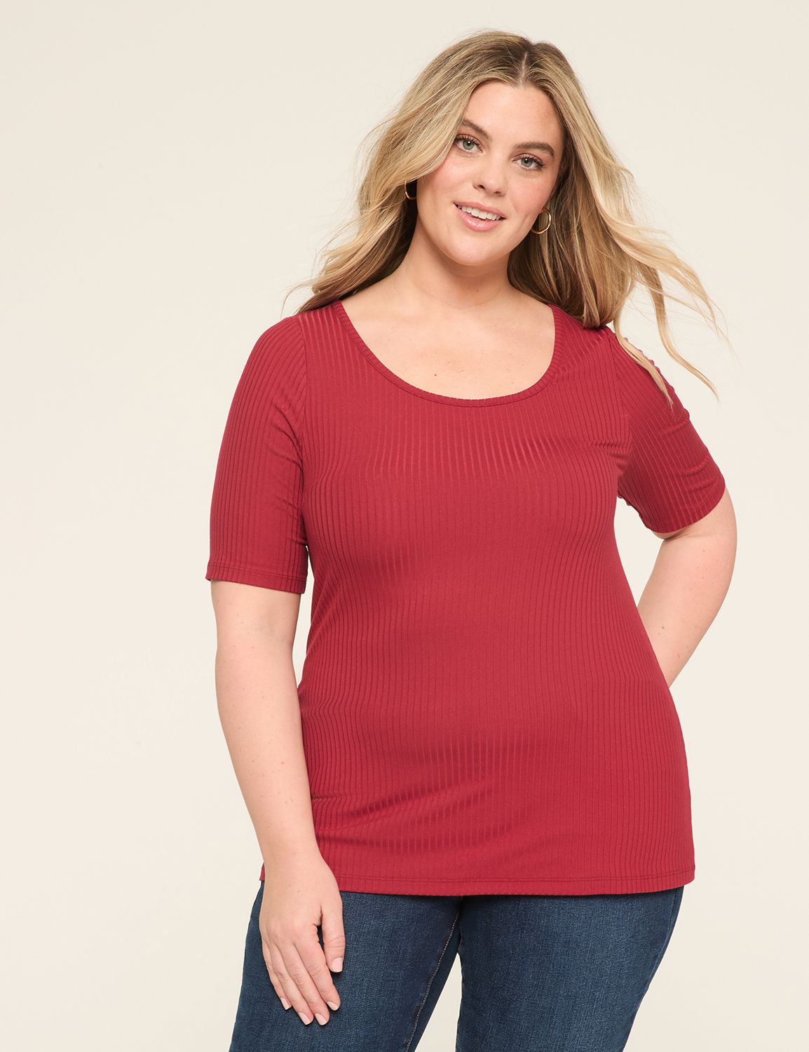 Rib Elbow-Sleeve Round-Neck Top | LaneBryant