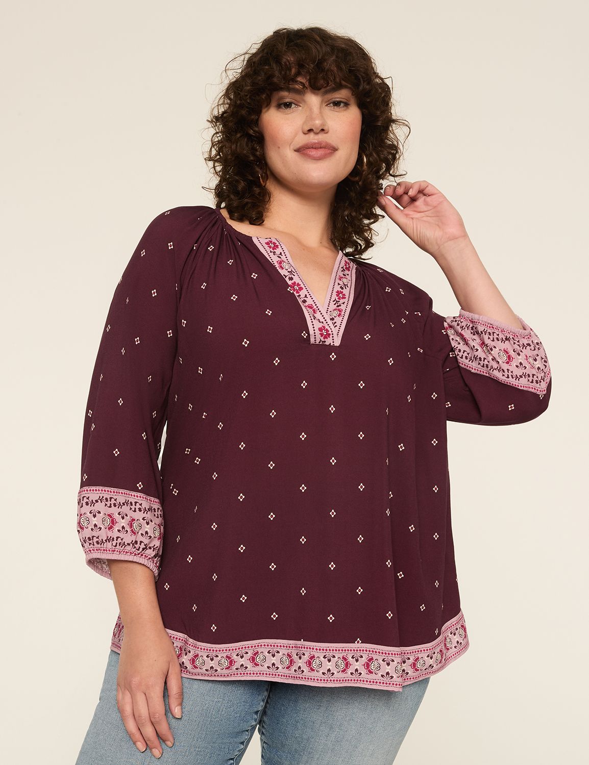 Swing 3/4 Sleeve Split Neck Popover | LaneBryant