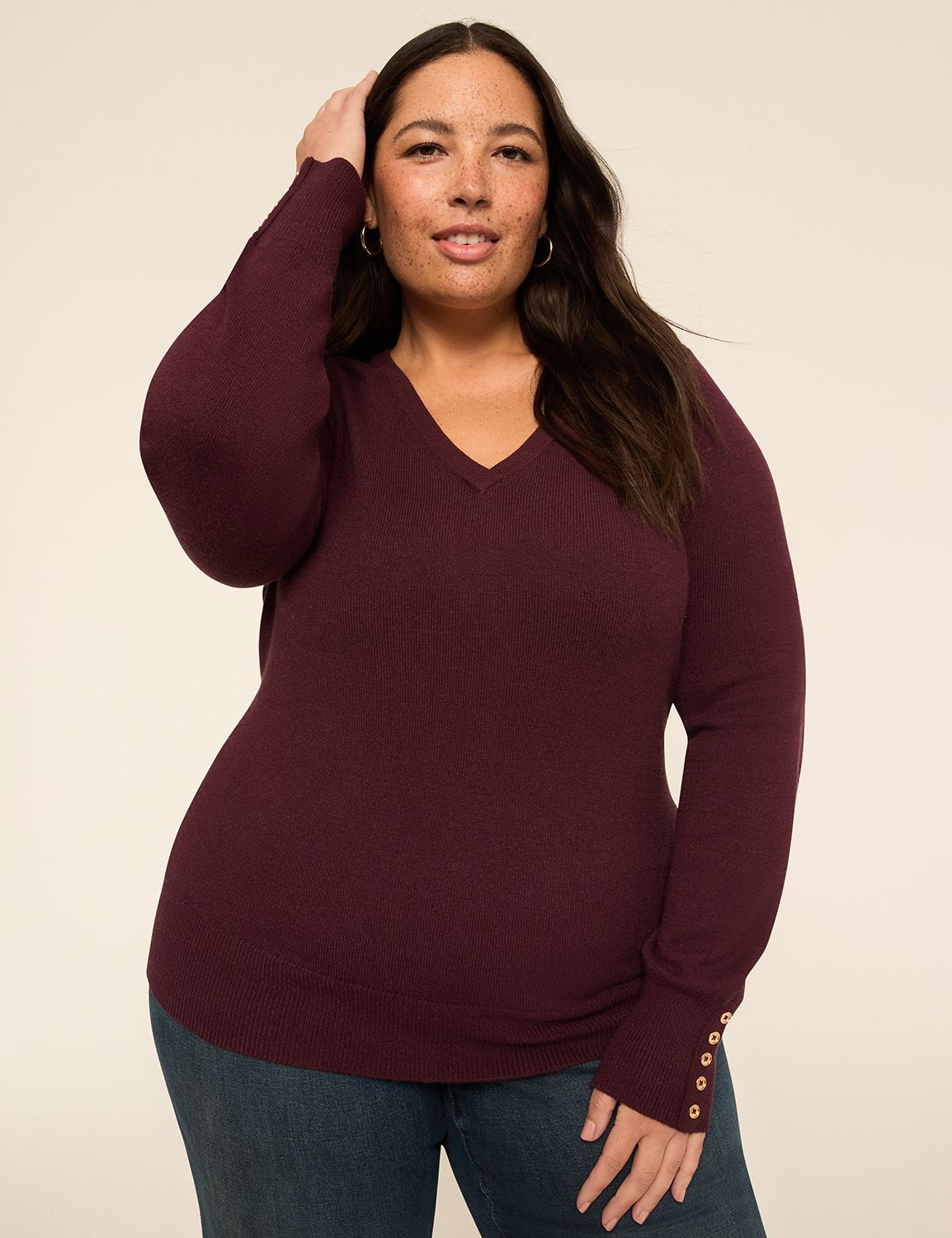 Long Button Sleeve V-Neck Sweater P | LaneBryant