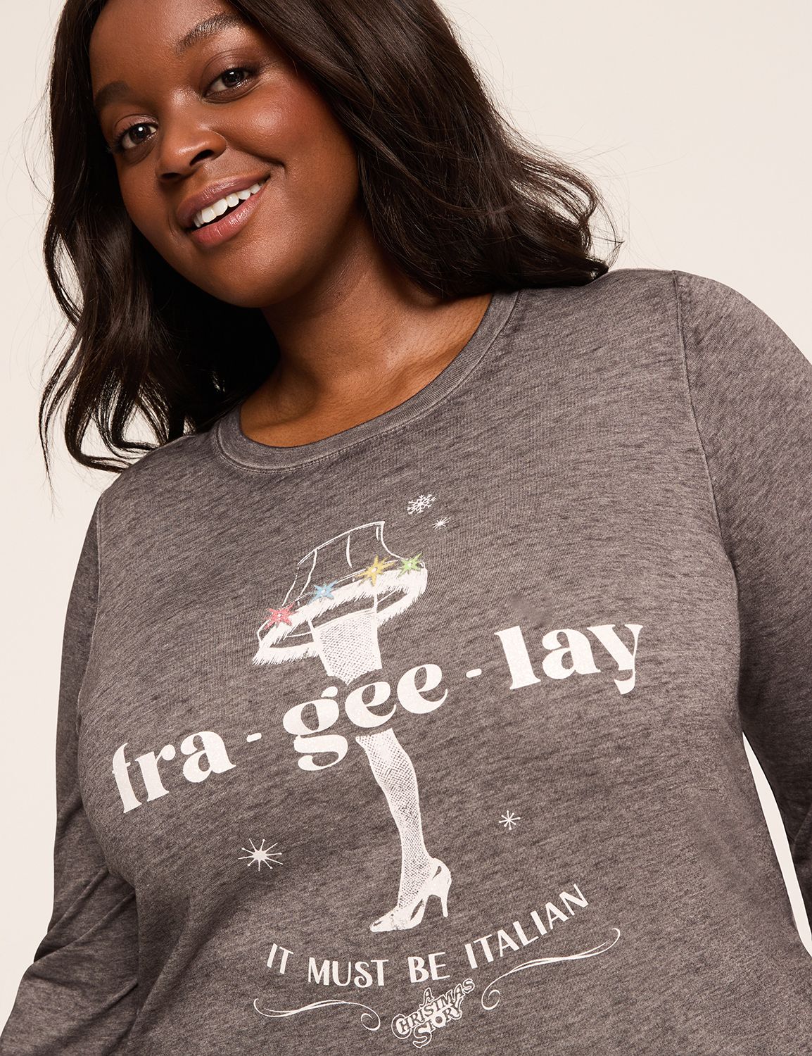 Glitter Fra-Gee-Lay A Christmas Story Graphic Long-Sleeve Tee | LaneBryant