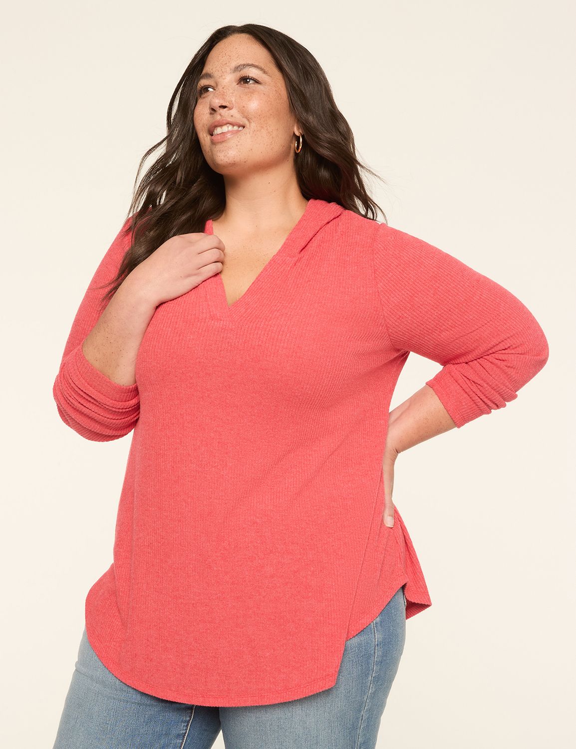 Long Sleeve V-Notch Curved Hem Hood | LaneBryant
