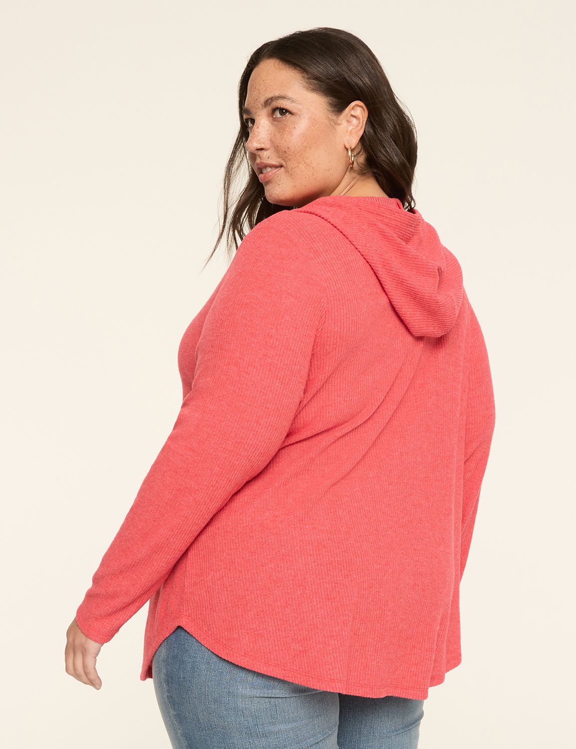 Long Sleeve V-Notch Curved Hem Hood | LaneBryant