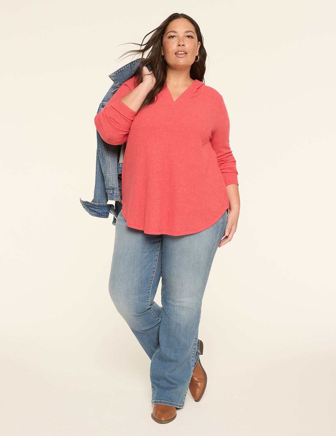 Long Sleeve V-Notch Curved Hem Hood | LaneBryant