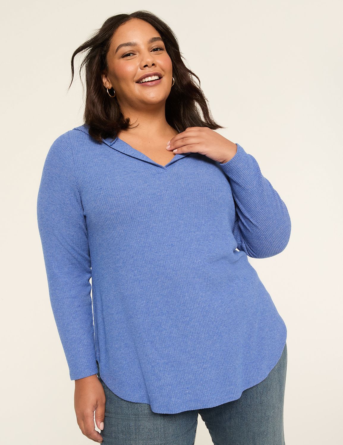 Long Sleeve V-Notch Curved Hem Hood | LaneBryant