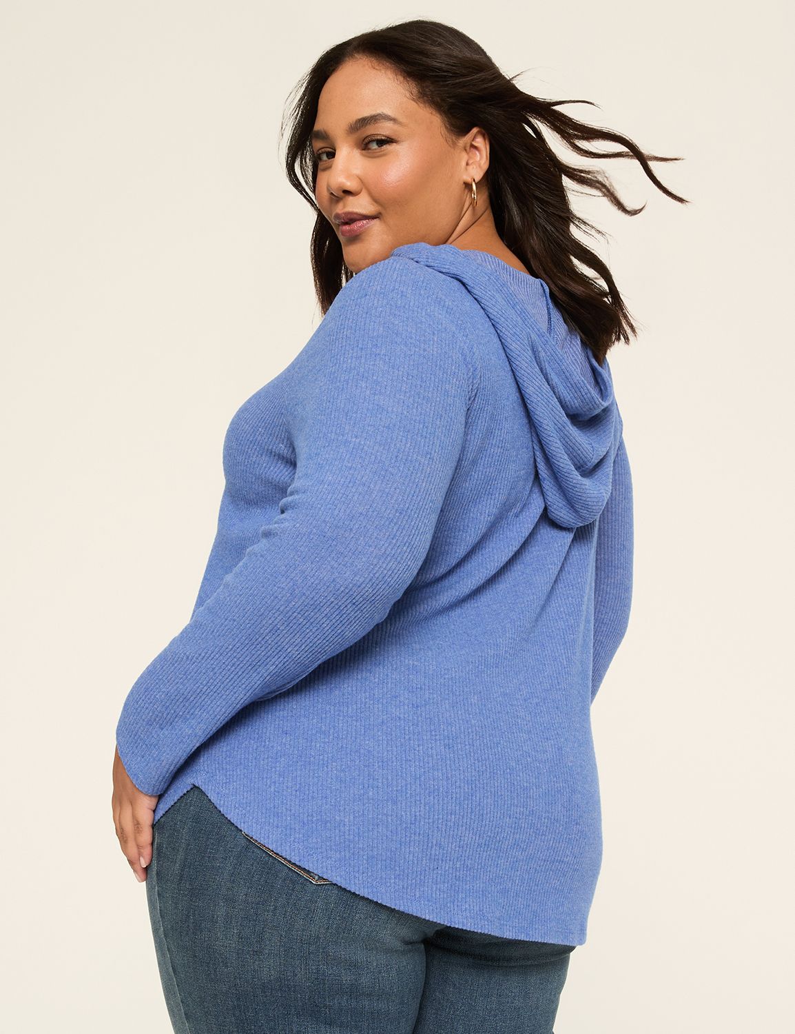 Long Sleeve V-Notch Curved Hem Hood | LaneBryant