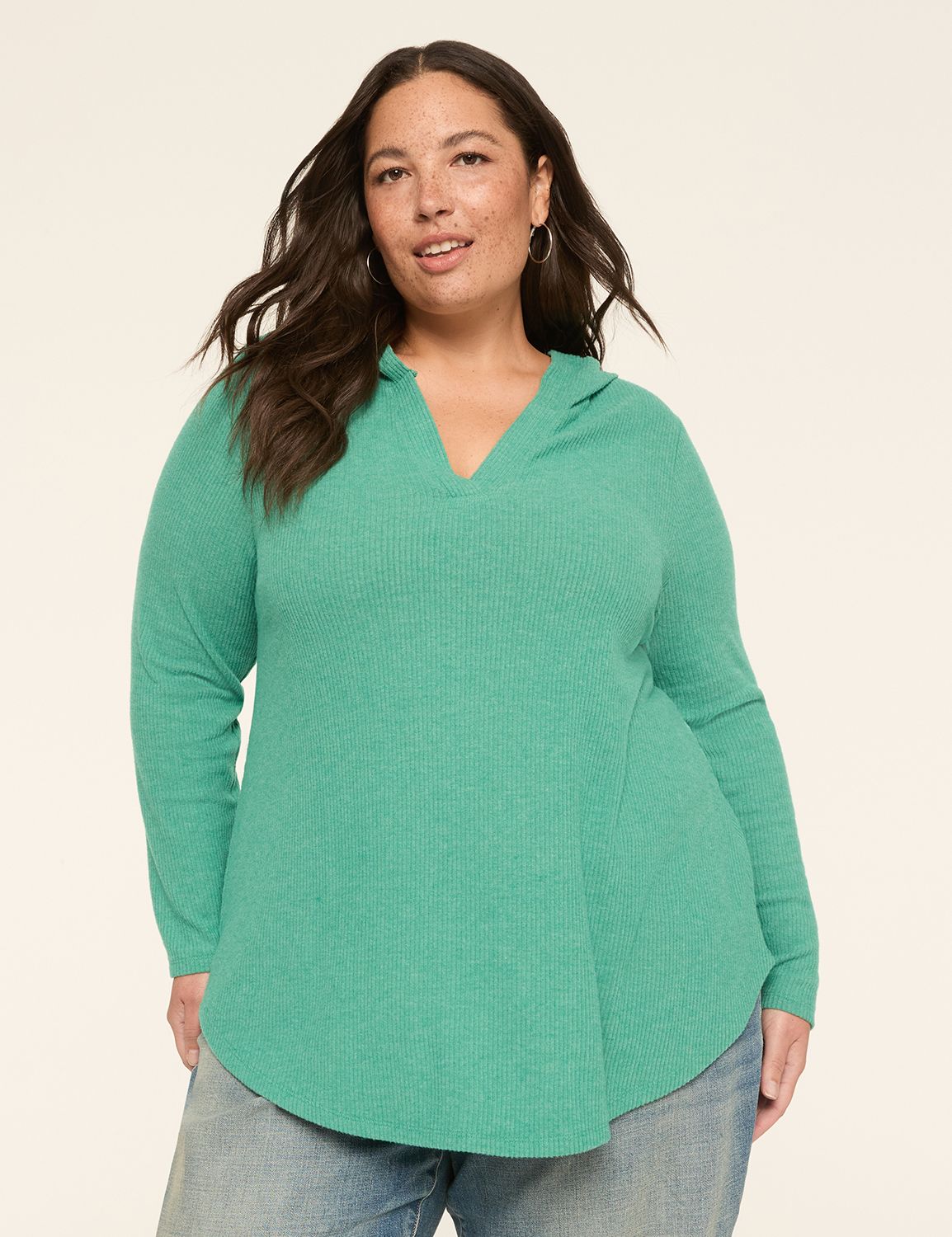 Long Sleeve V-Notch Curved Hem Hood | LaneBryant