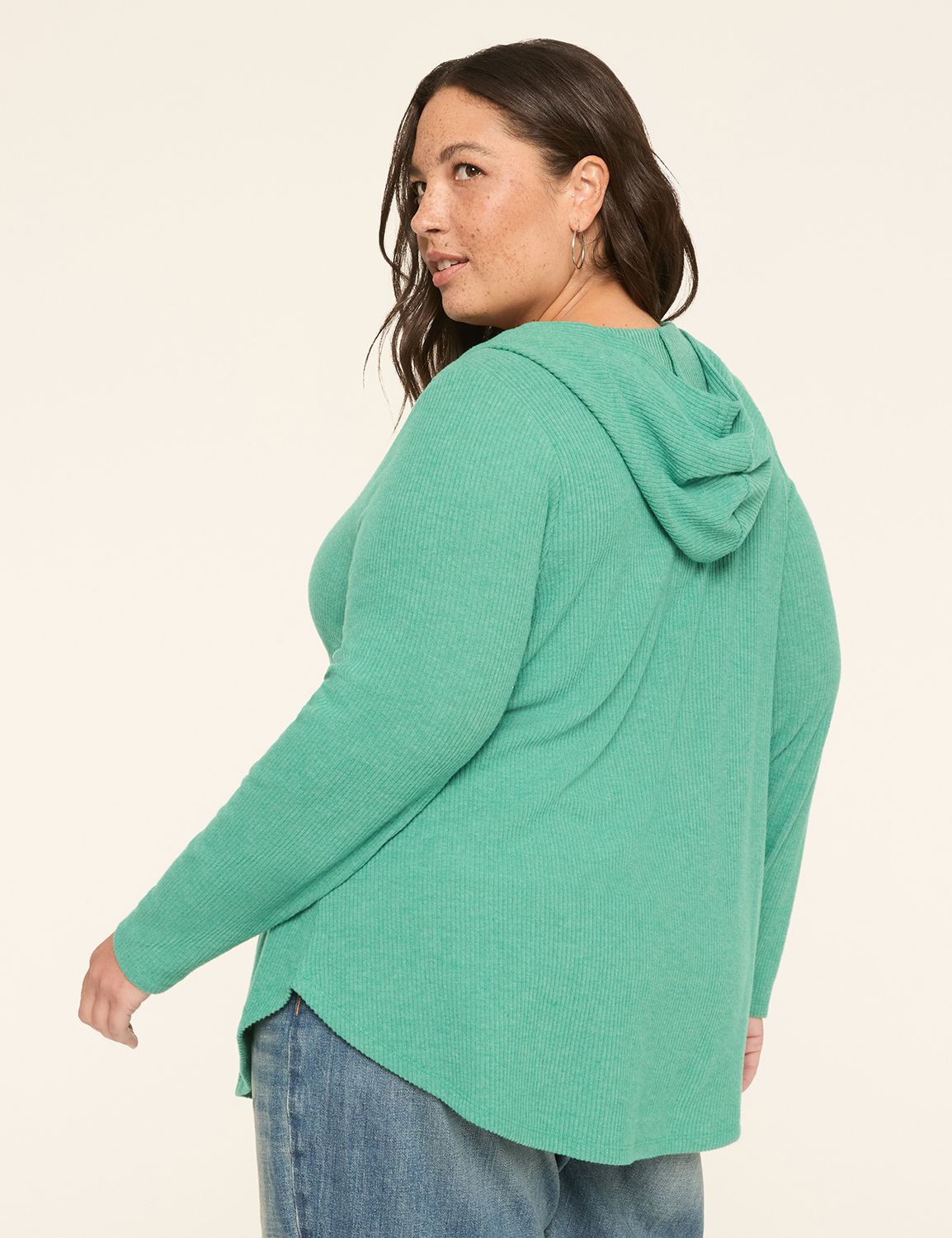 Long Sleeve V-Notch Curved Hem Hood | LaneBryant