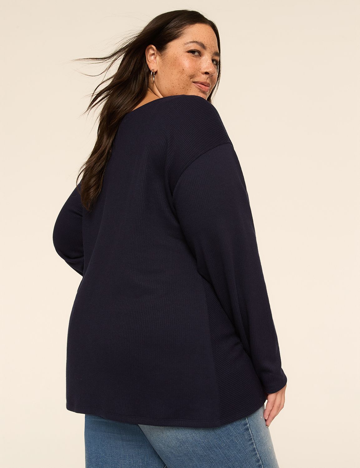 Long Sleeve Open Crew Neck Drop Shl | LaneBryant