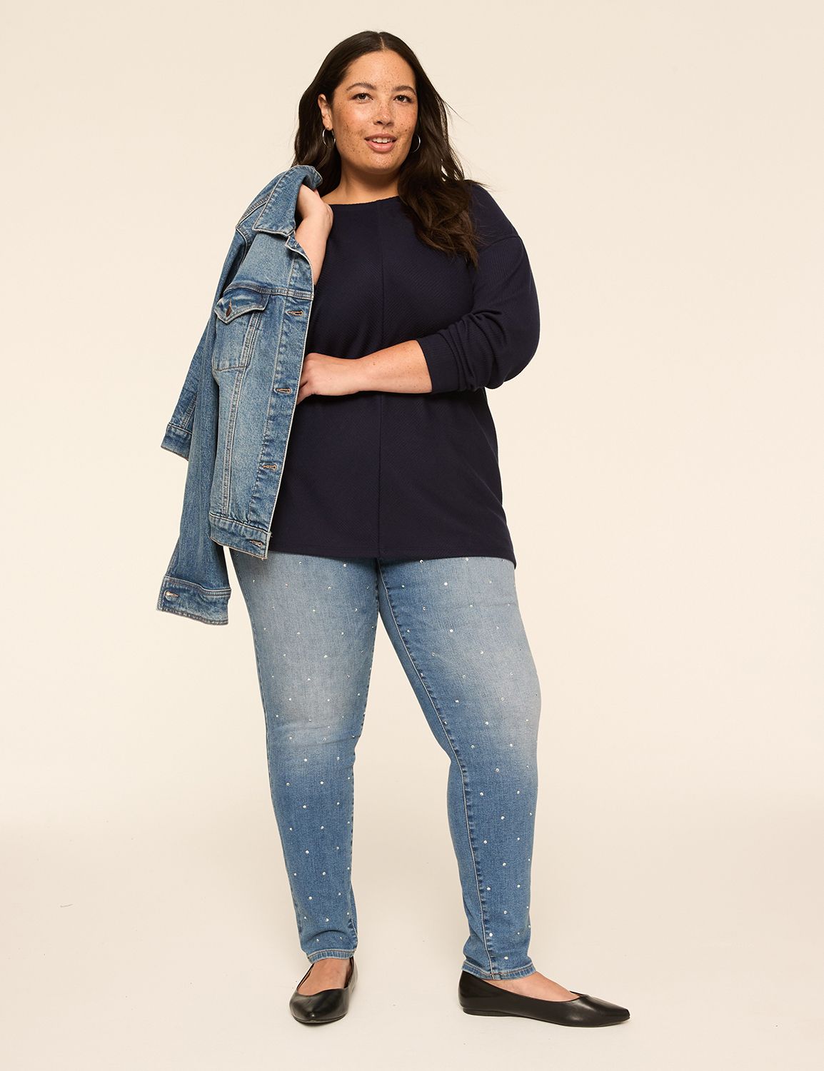 Long Sleeve Open Crew Neck Drop Shl | LaneBryant