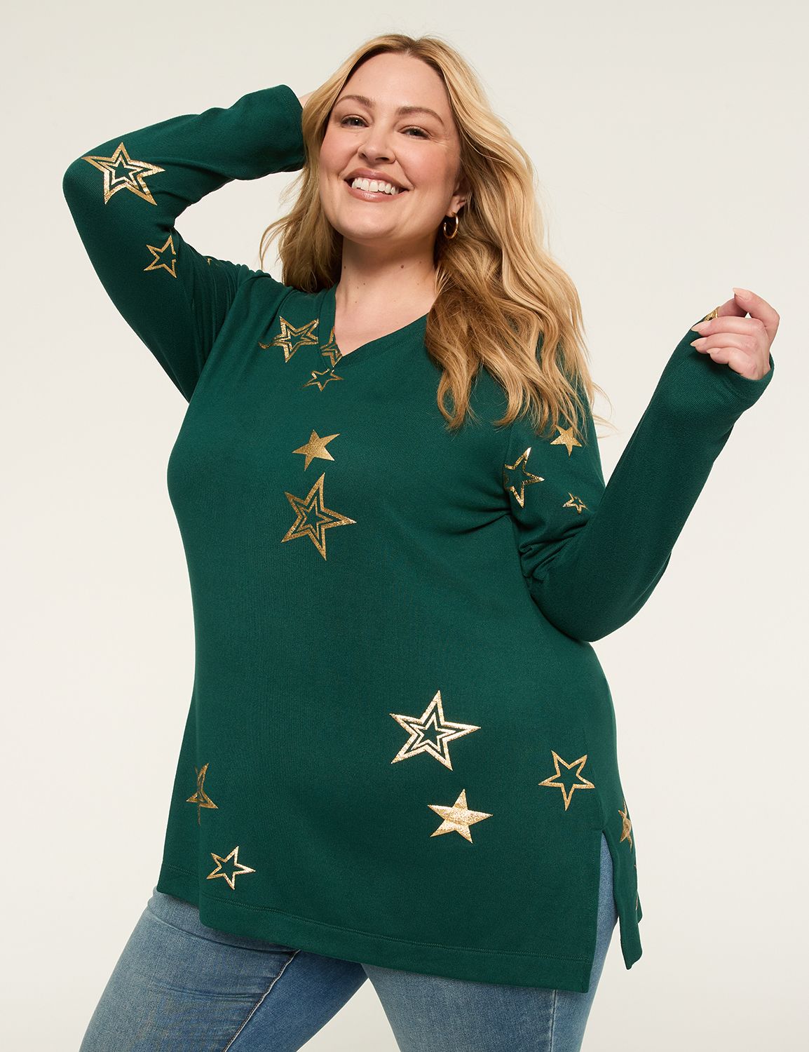 Long Sleeve V-Neck Printed Cozy Tun | LaneBryant