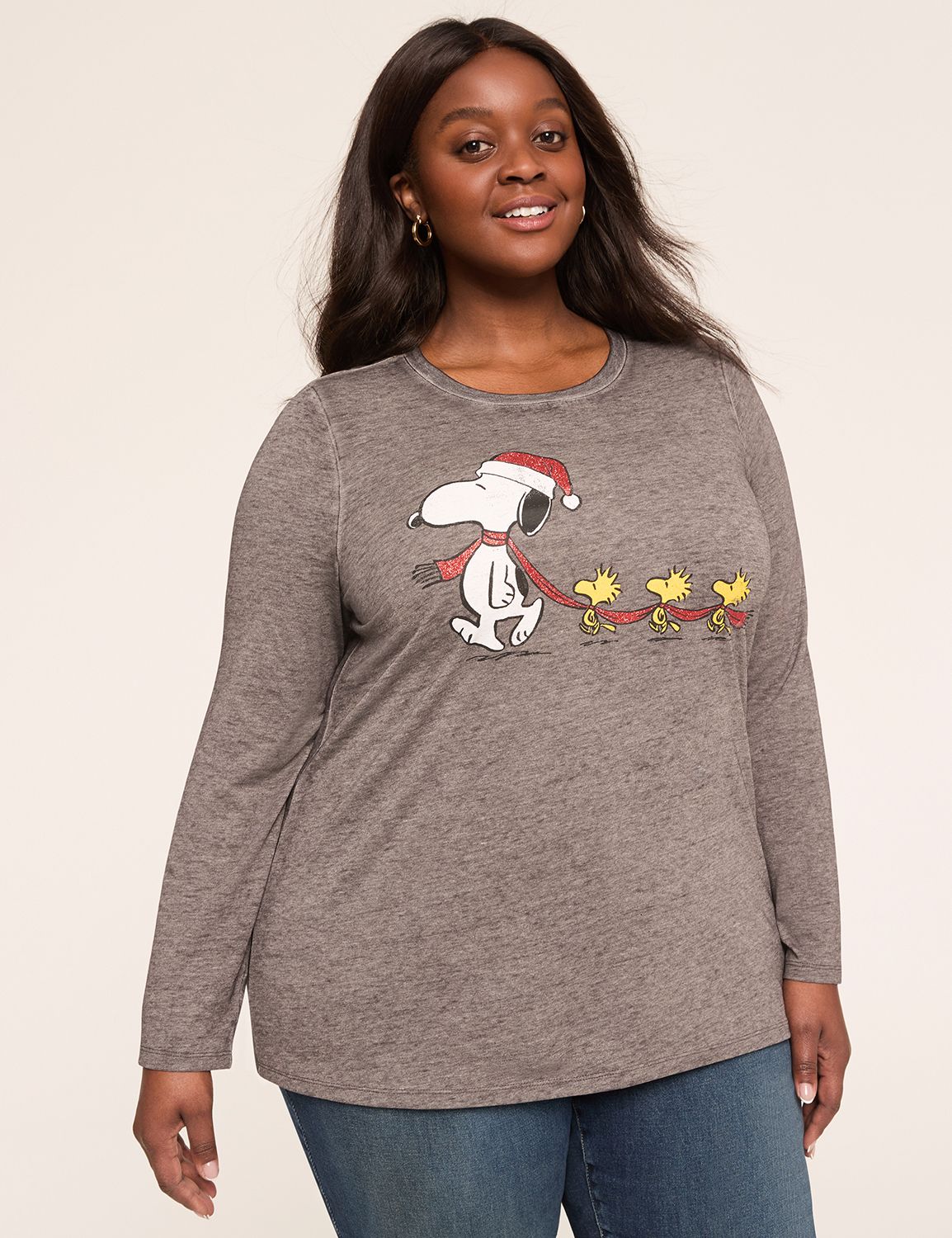 Glitter Snoopy & Woodstock Long-Sleeve Graphic Tee | LaneBryant